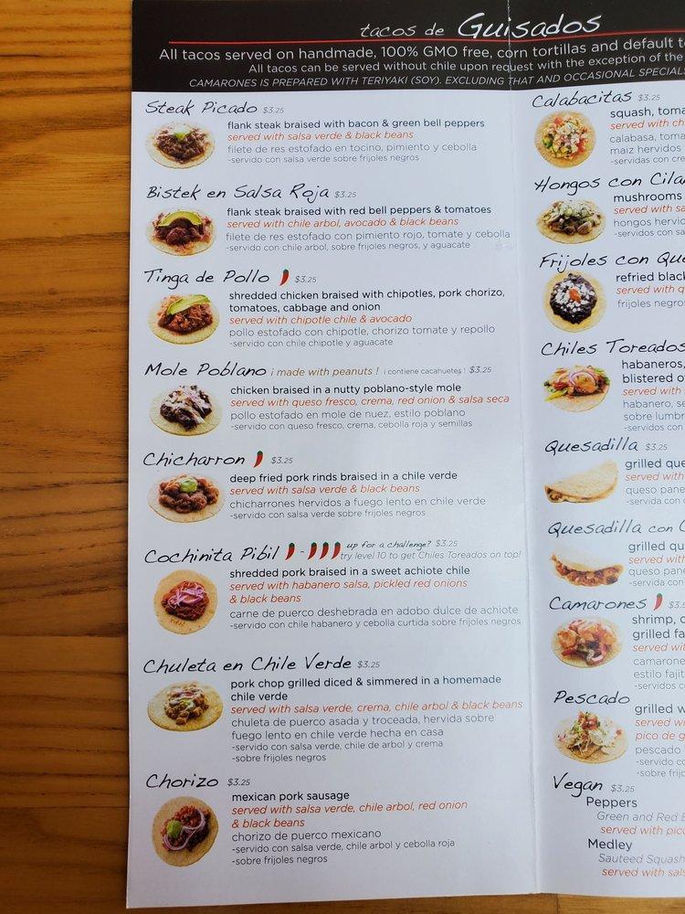 Menu at Guisados restaurant, Pasadena