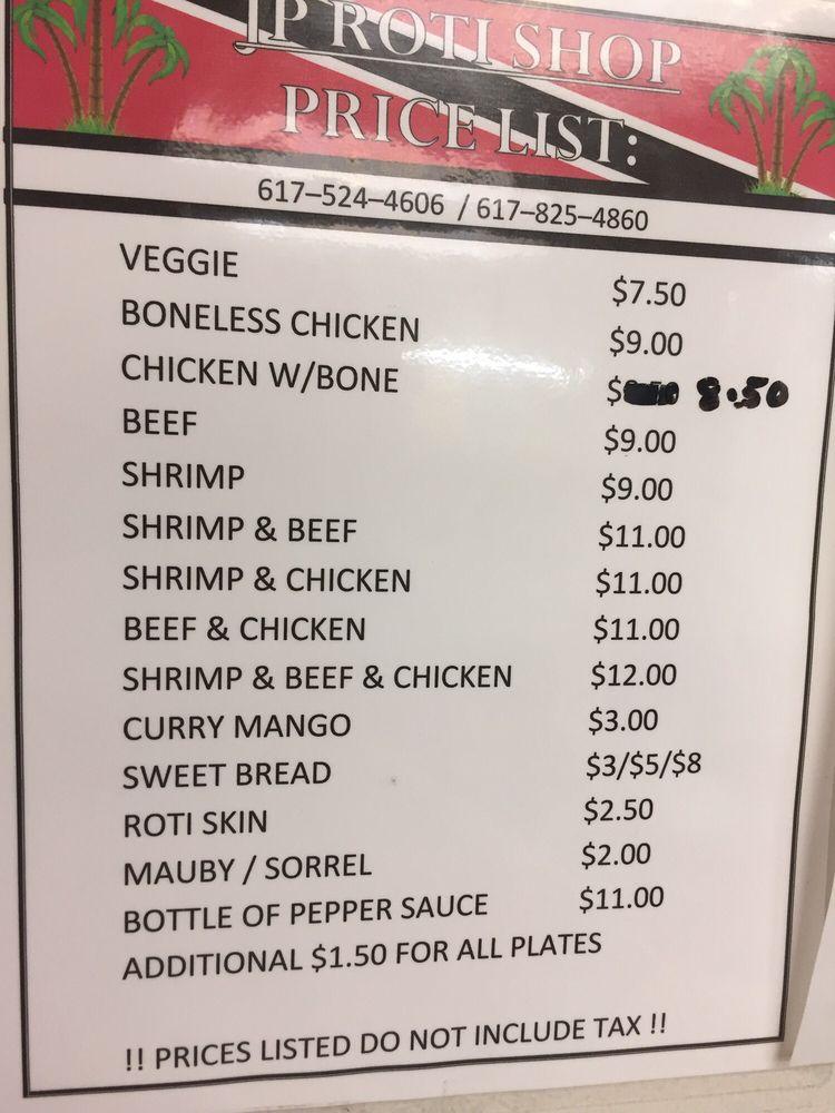 Carta del restaurante JP Roti Shop, Boston