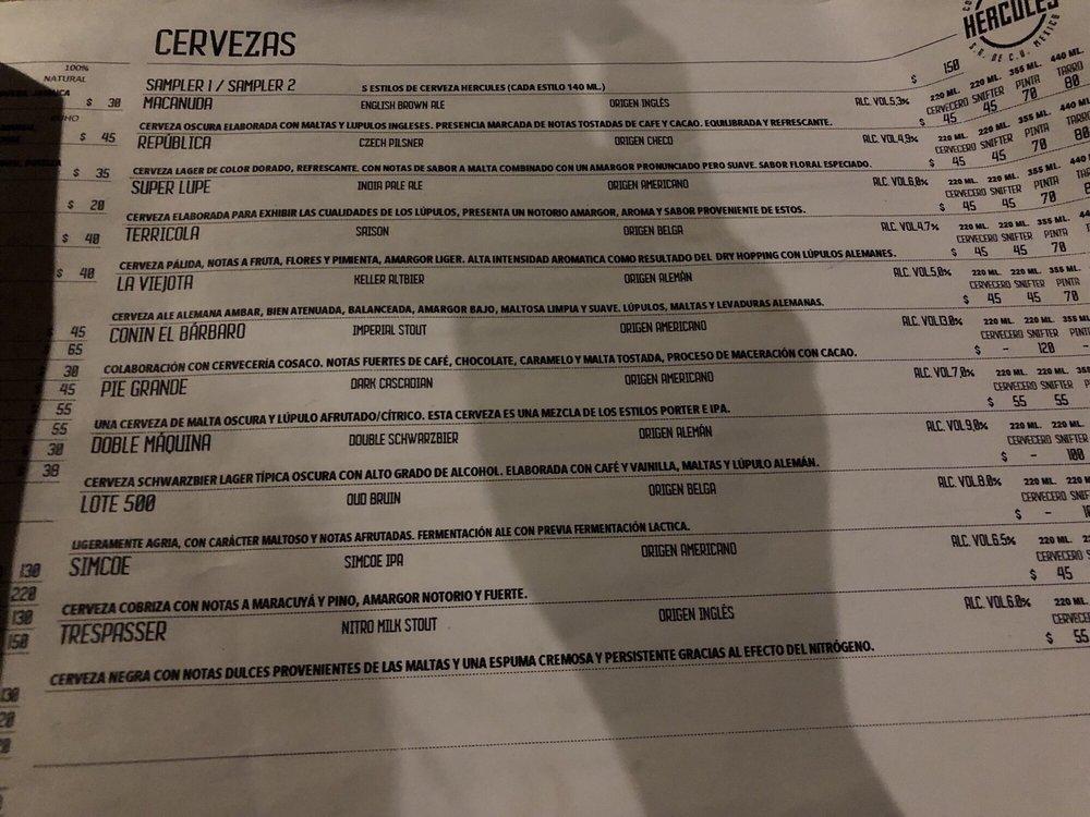 Carta del pub y bar Jardín del Cerveza Hércules, Santiago del Querétaro