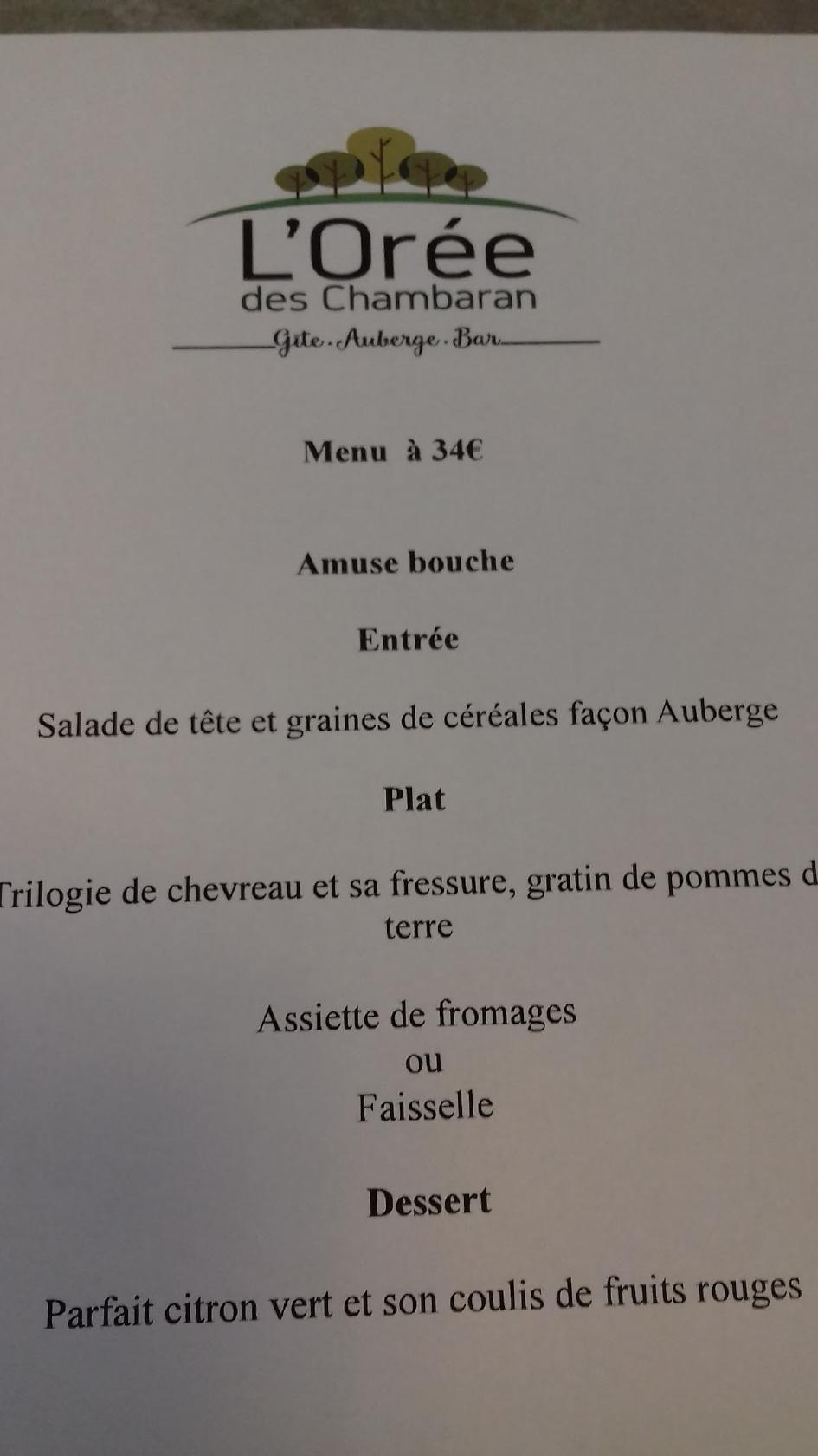 Menu au L'Orée des Chambaran, Chasselay
