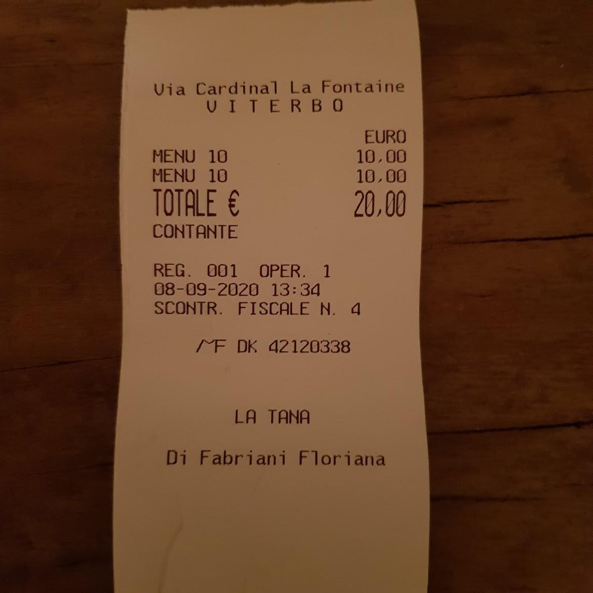 Menu da La Tana ristorante, Viterbo