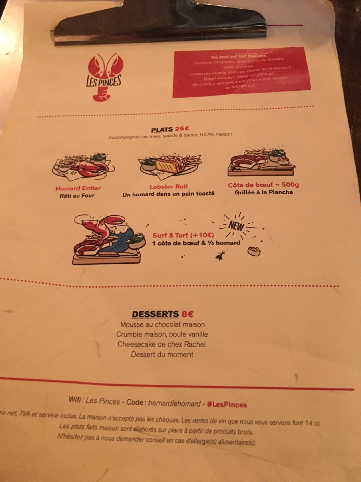 Menu au Les Pinces restaurant, Paris, 29 Rue du Bourg Tibourg
