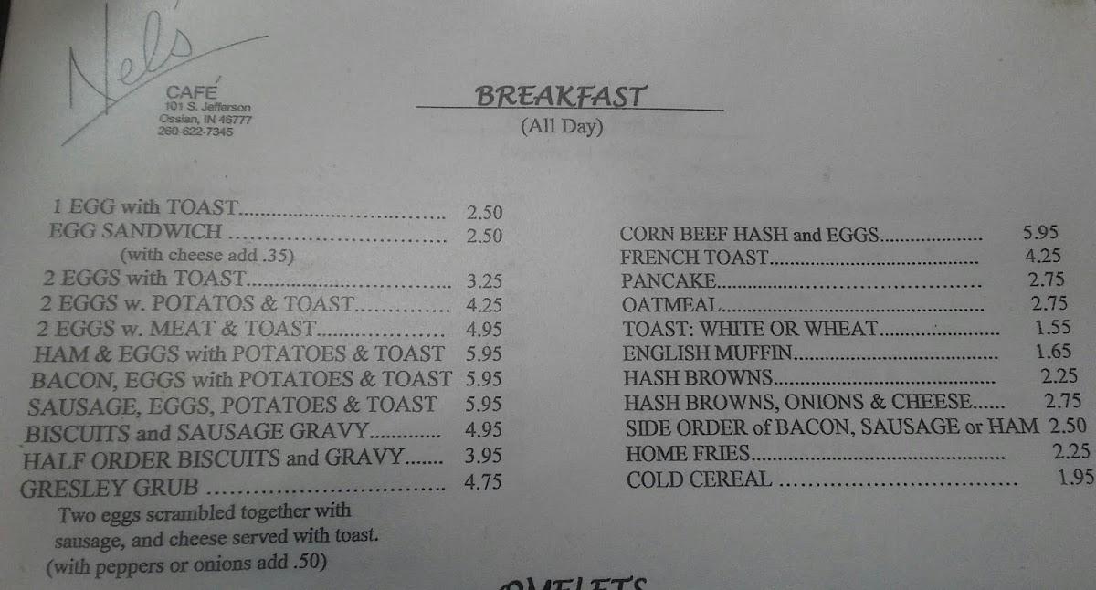 Menu at Nel's Cafe, Ossian