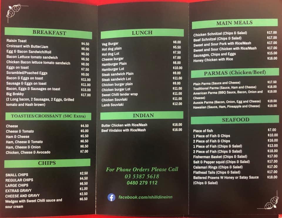 Menu at Nhill Dine Inn cafe, Nhill