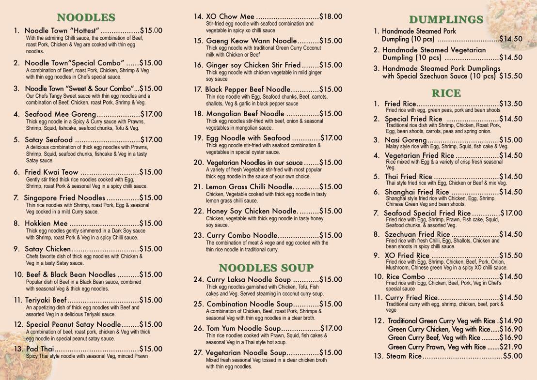 Menu at Noodle Town fast food, Essendon