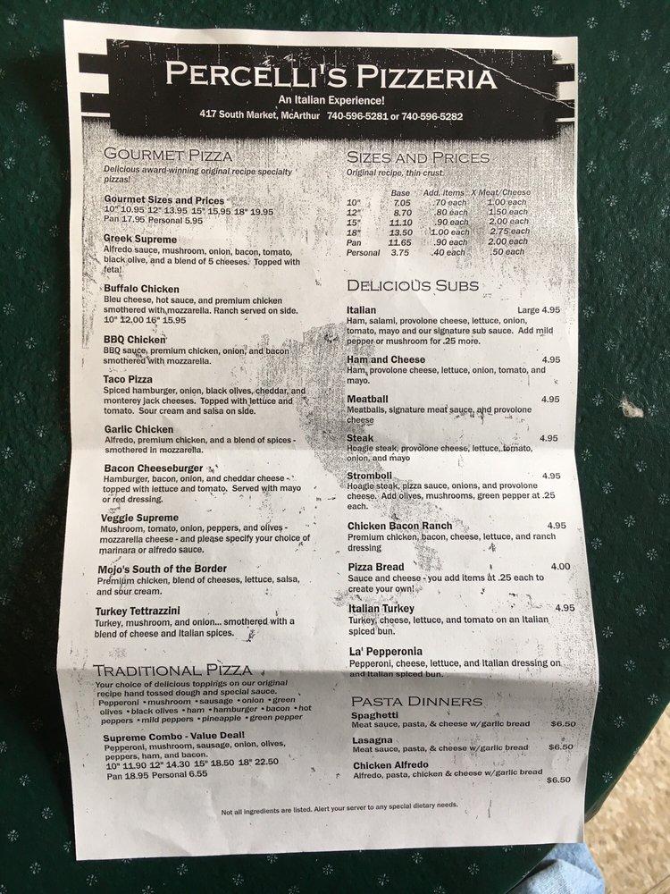 Menu at Percelli's Pizza pizzeria, McArthur