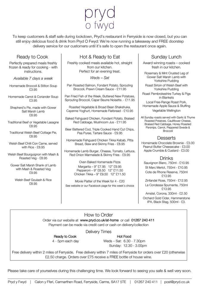 Menu at Pryd O Fwyd restaurant, Ferryside