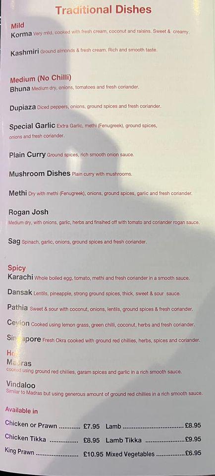 Menu at Shaj restaurant, Newbiggin-by-the-Sea