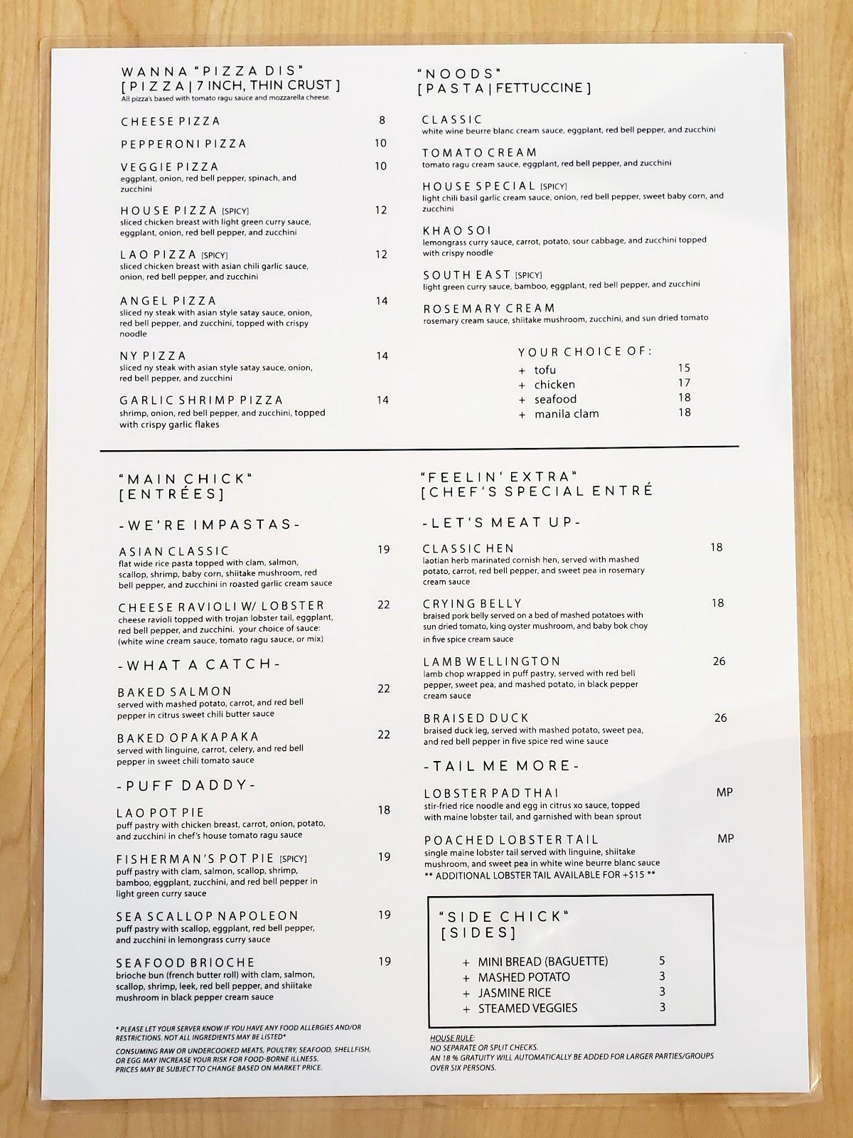 Menu at Tiny Pyramid cafe, Honolulu