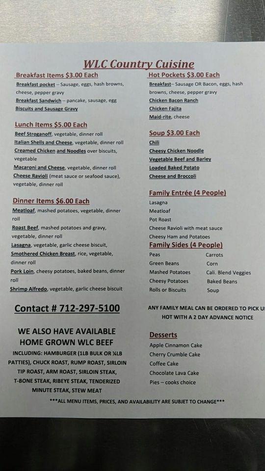 Menu at Wlc Country Cuisine restaurant, Rockwell City