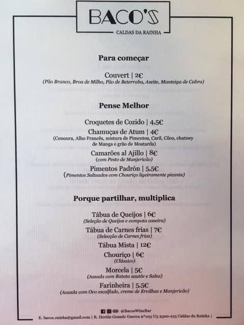 Menu em Baco’s Wine Bar, Caldas da Rainha