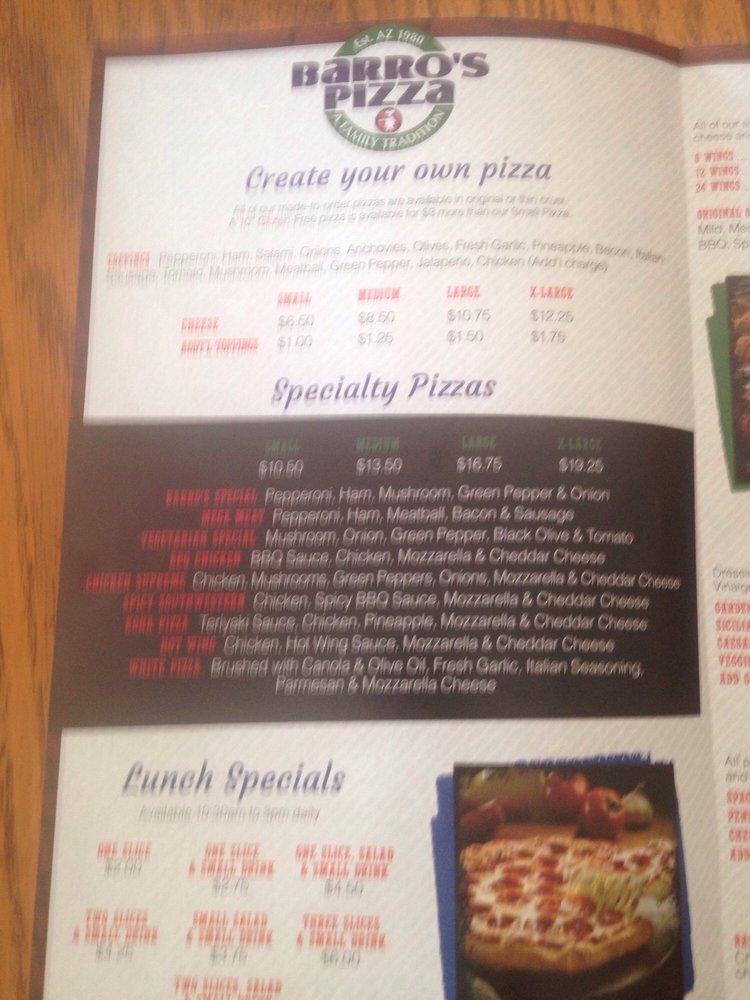 Menu at Barro's Pizza, Marana, Arizona Pavilions Dr