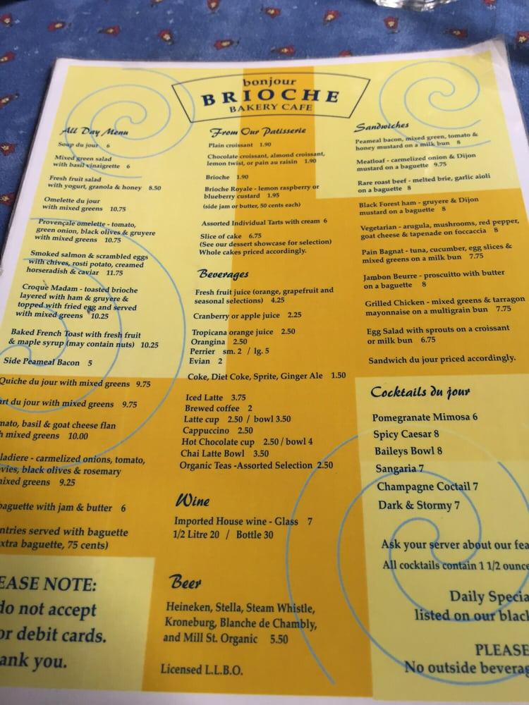 Menu at Bonjour Brioche cafe, Toronto