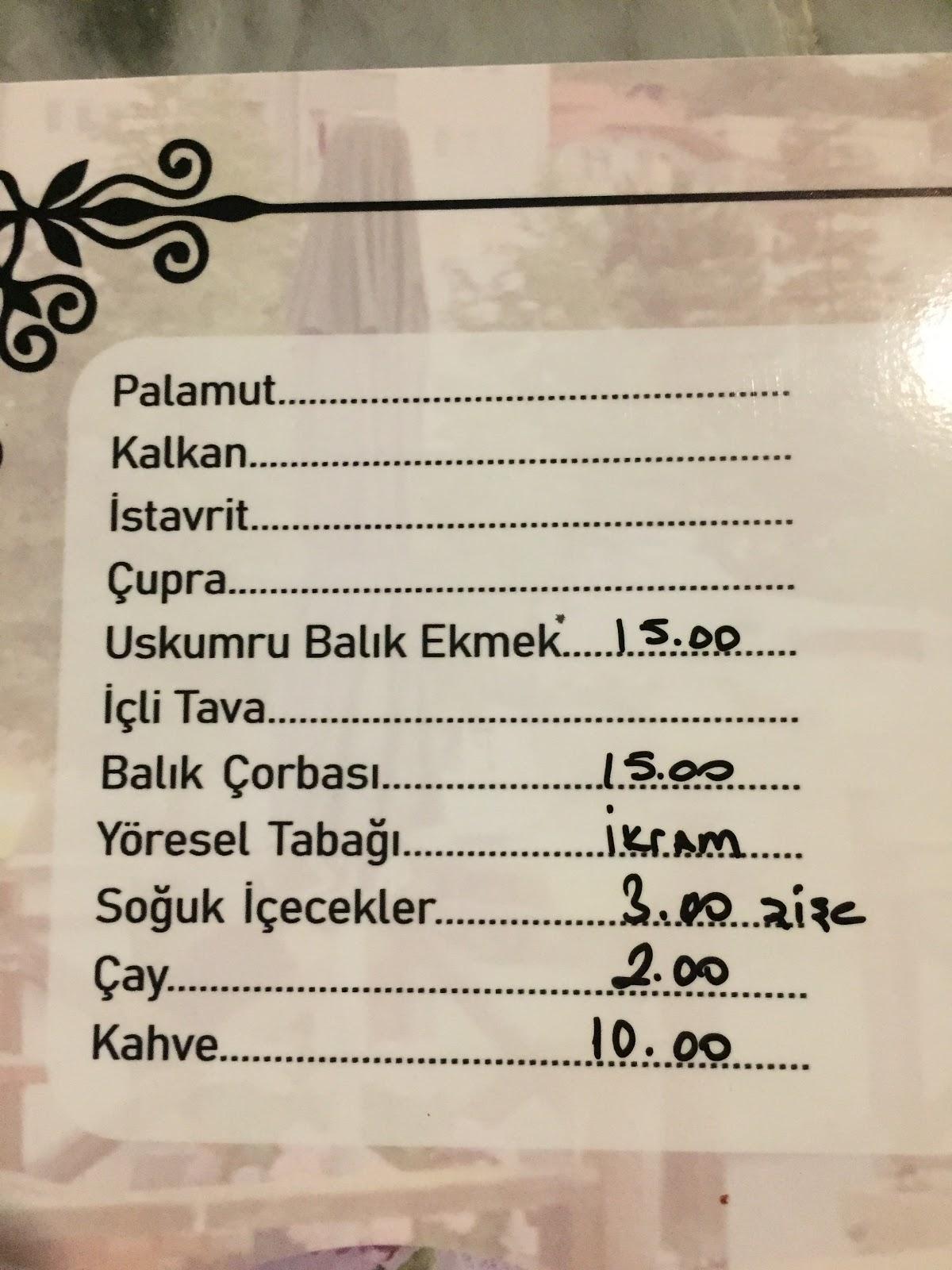 Menu at Didi Balık Evi, Turkey