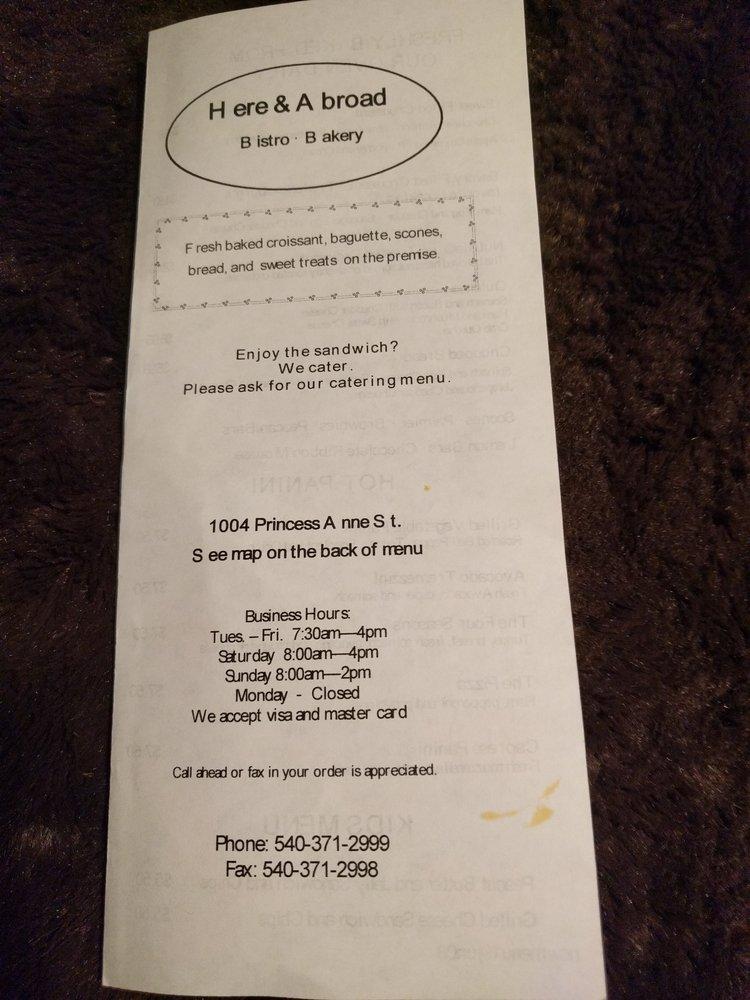 Menu at Here and Abroad desserts, Fredericksburg