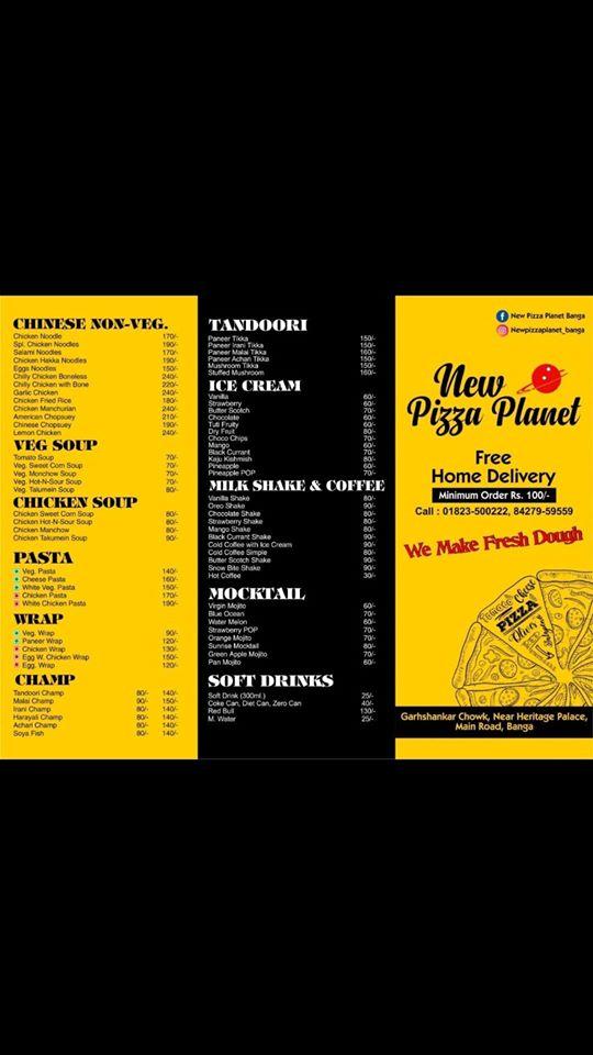 Menu at New Pizza Planet, Banga