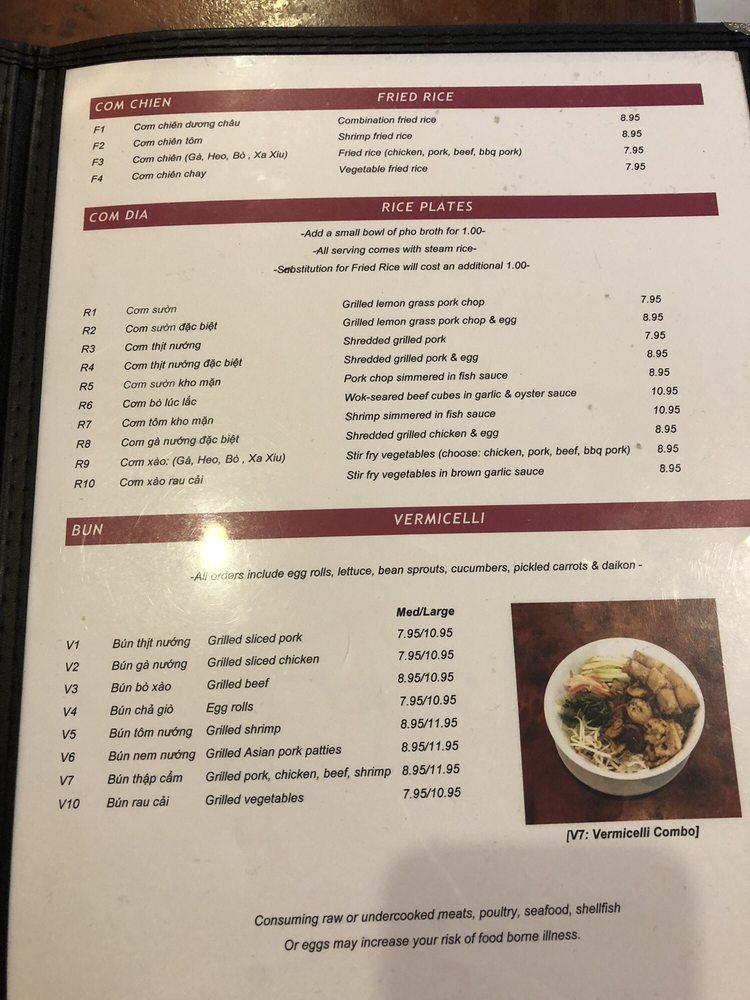 Menu at Pho Da Cao restaurant, Tulsa