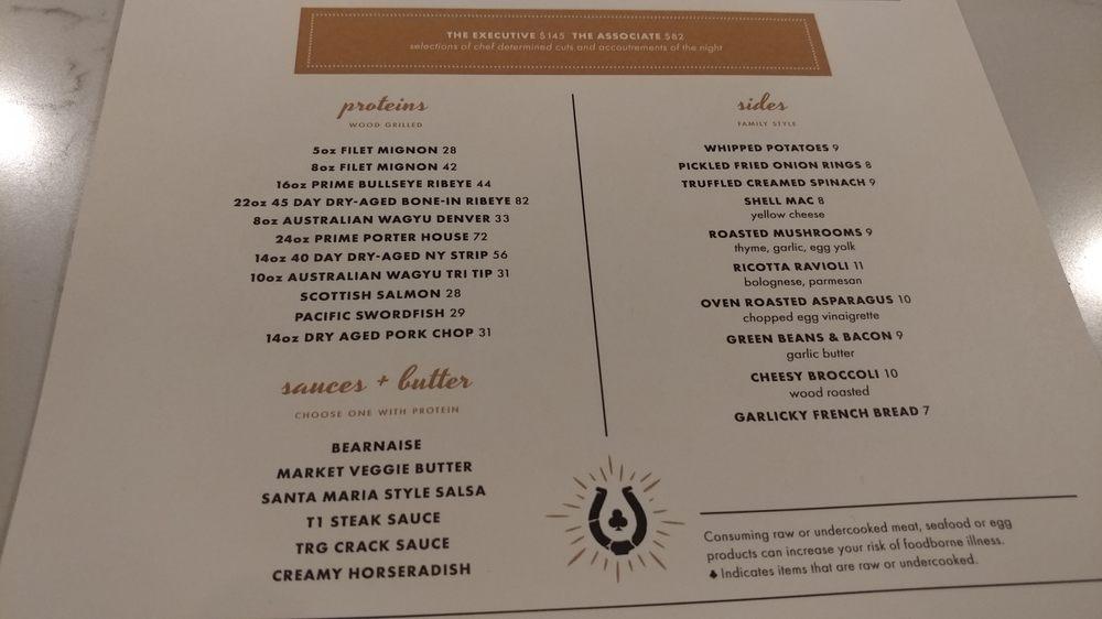 Menu at Rare Society steakhouse, San Diego