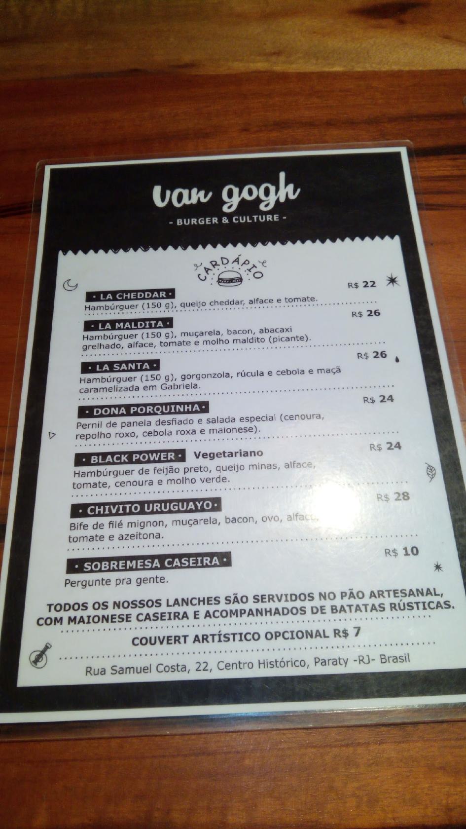 Menu em Van Gogh Hamburguería restaurante, Paraty