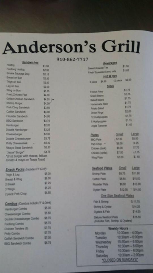 Menu at Anderson's Grill BBQ, Tar Heel