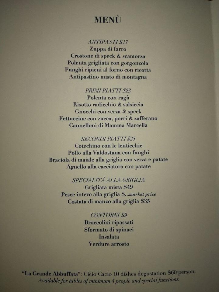 Menu at Cicio Cacio Osteria restaurant, Wellington