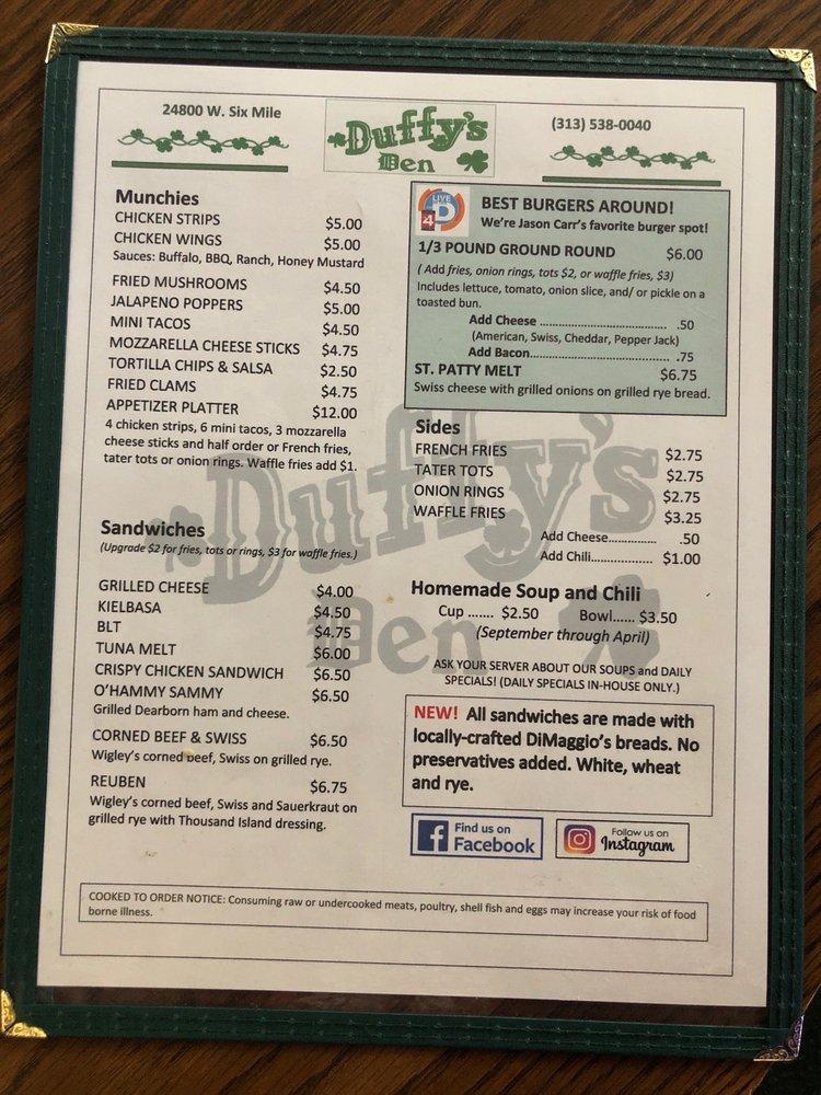 Menu at Duffy's Den pub & bar, Detroit