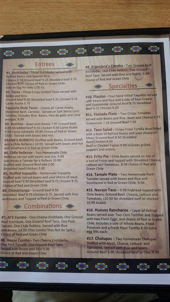 Menu at Francisca's restaurant, Farmington