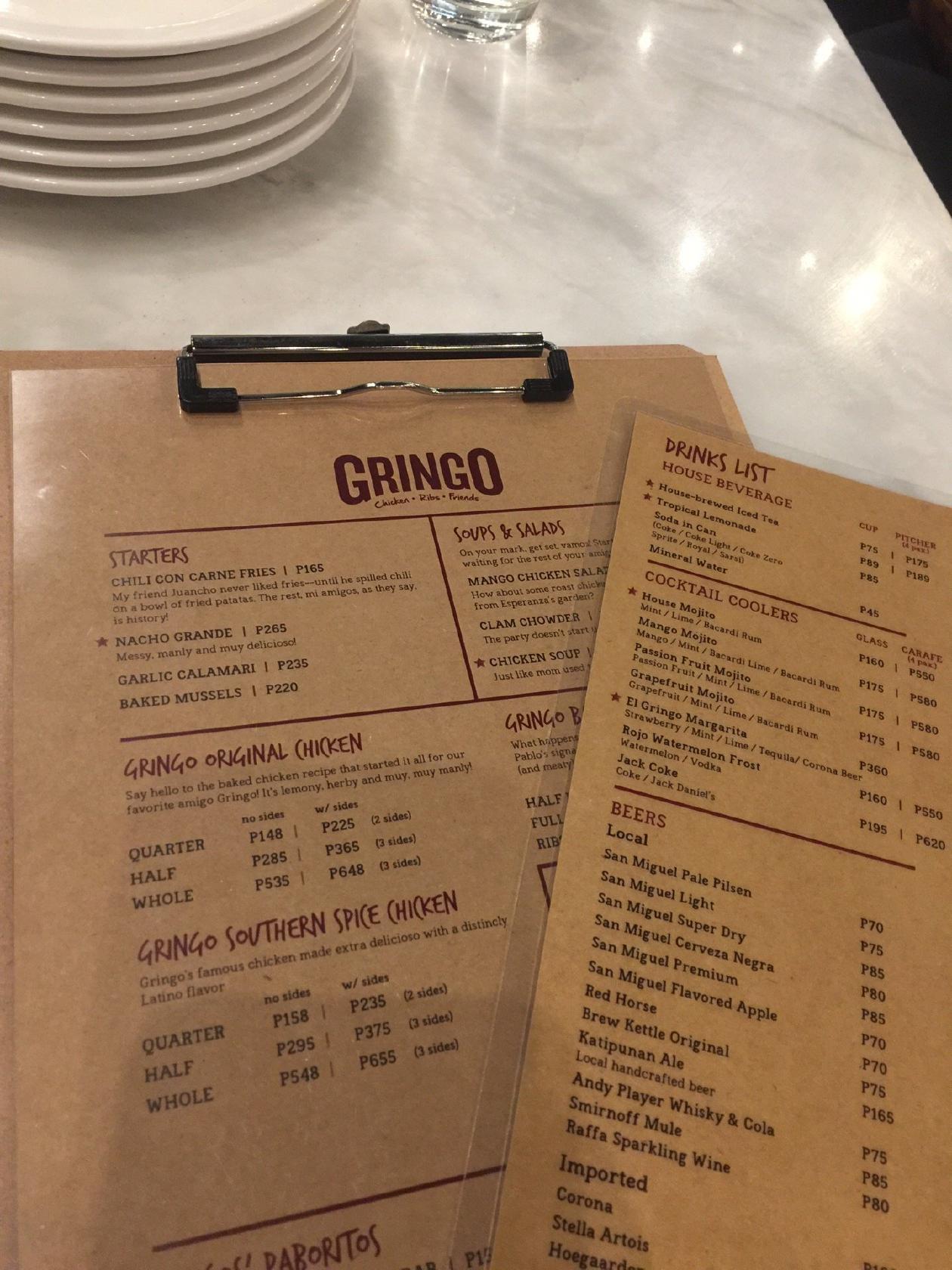Menu at Gringo restaurant, Marilao