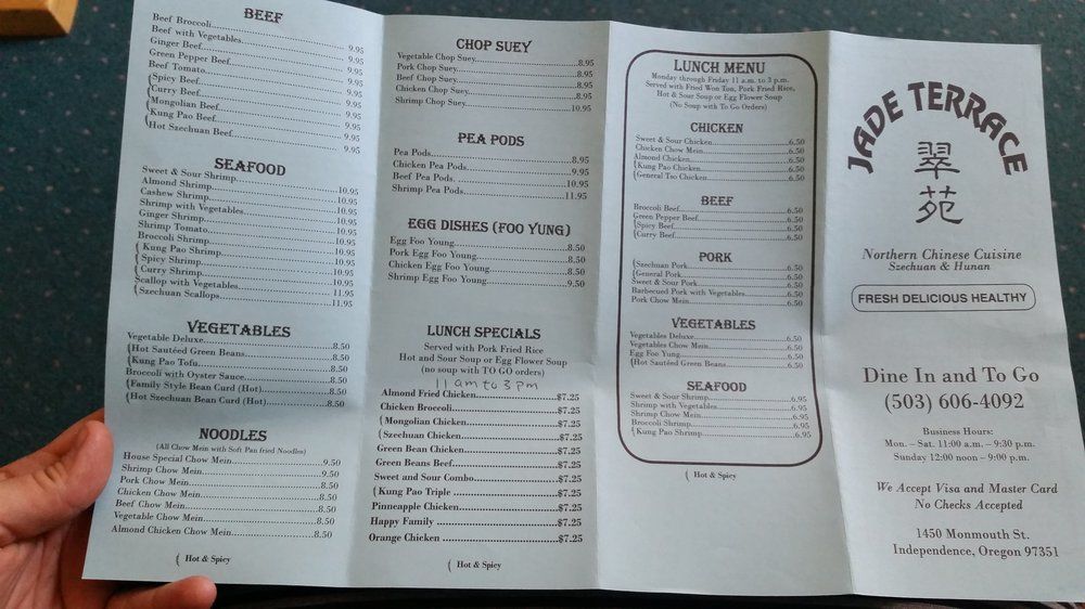 Menu at Jade Terrace restaurant, Independence