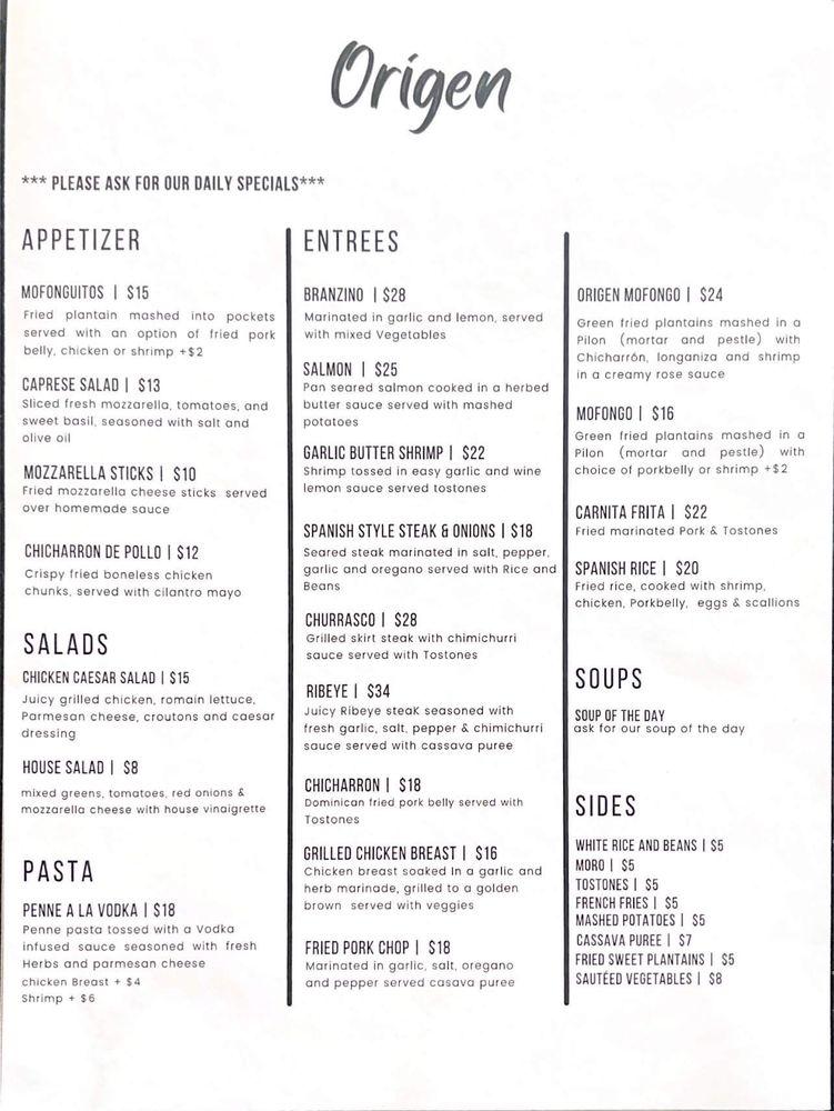 Menu at Origen Latin Fusion restaurant, Sinking Spring