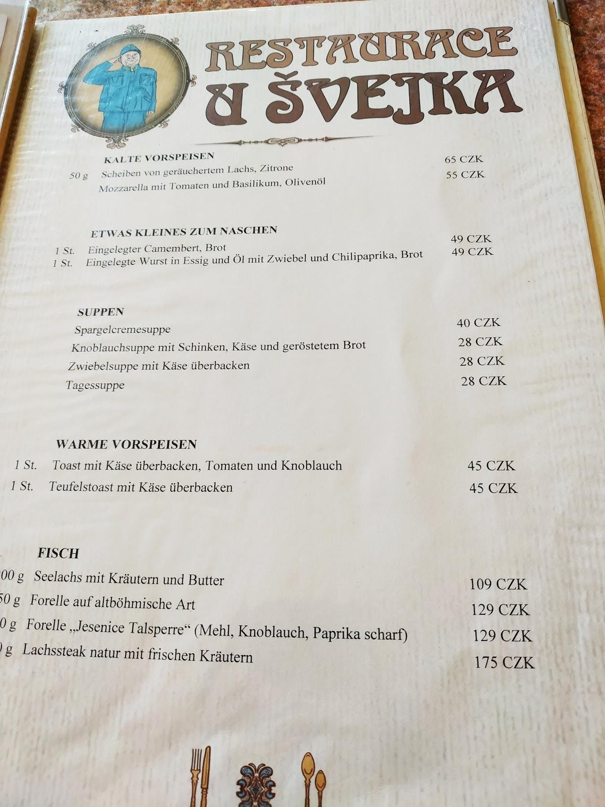 Menu at Restaurace U Josefa Švejka restaurant, Mariánské Lázně