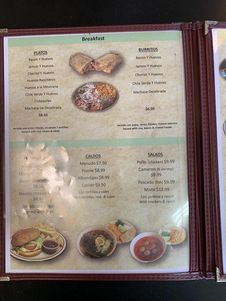 Menu at Colima restaurant, Parlier