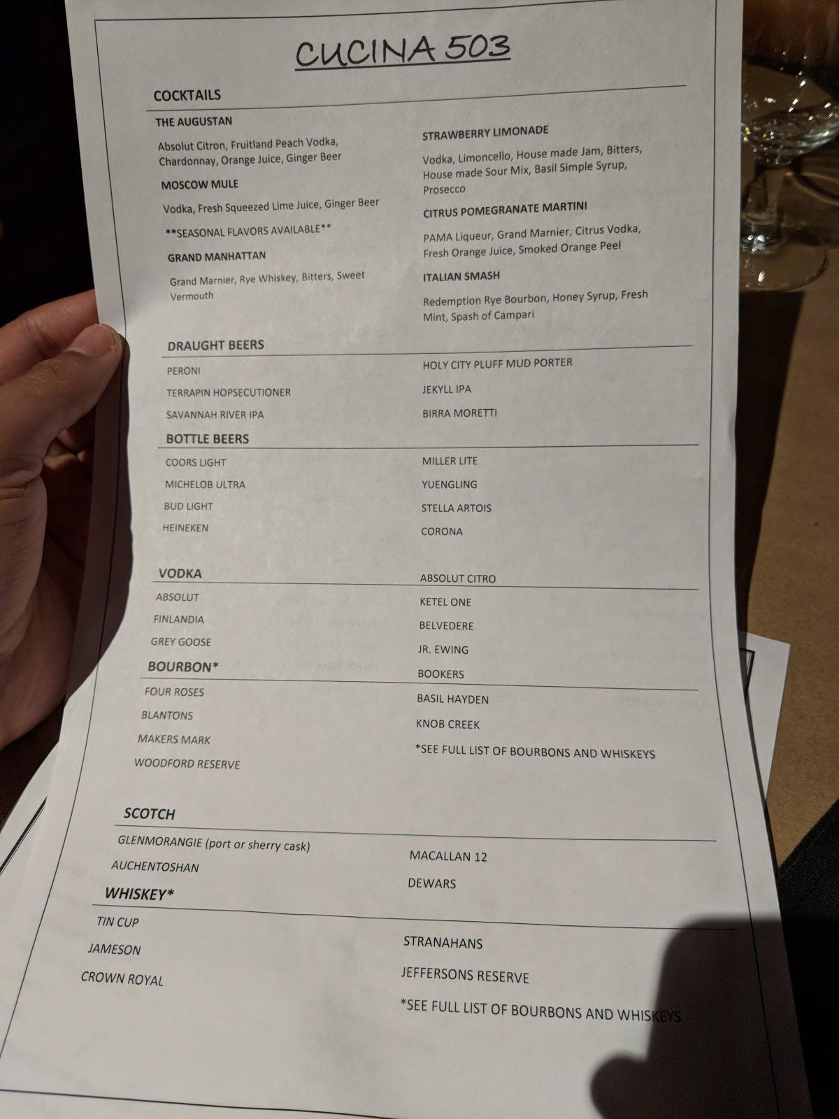 Menu at Cucina 503 restaurant, Augusta