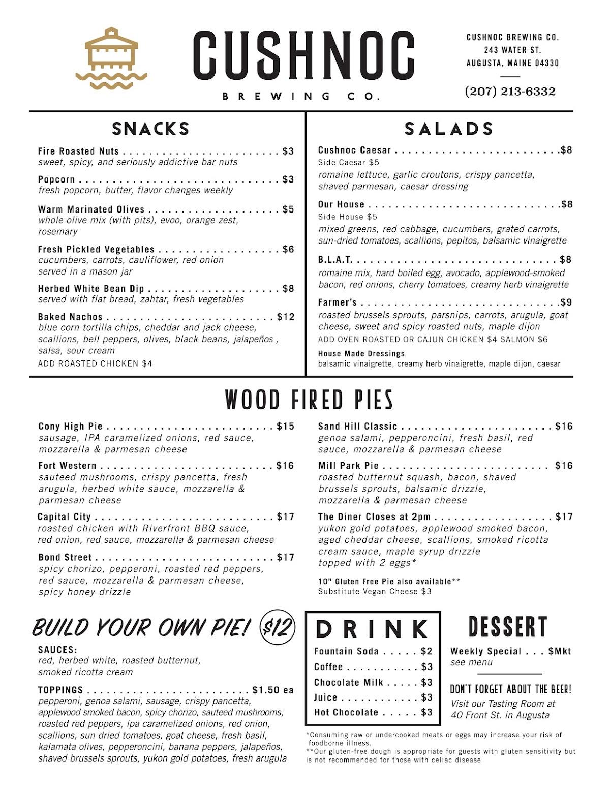 Menu at Cushnoc Brewing Co. pizzeria, Augusta