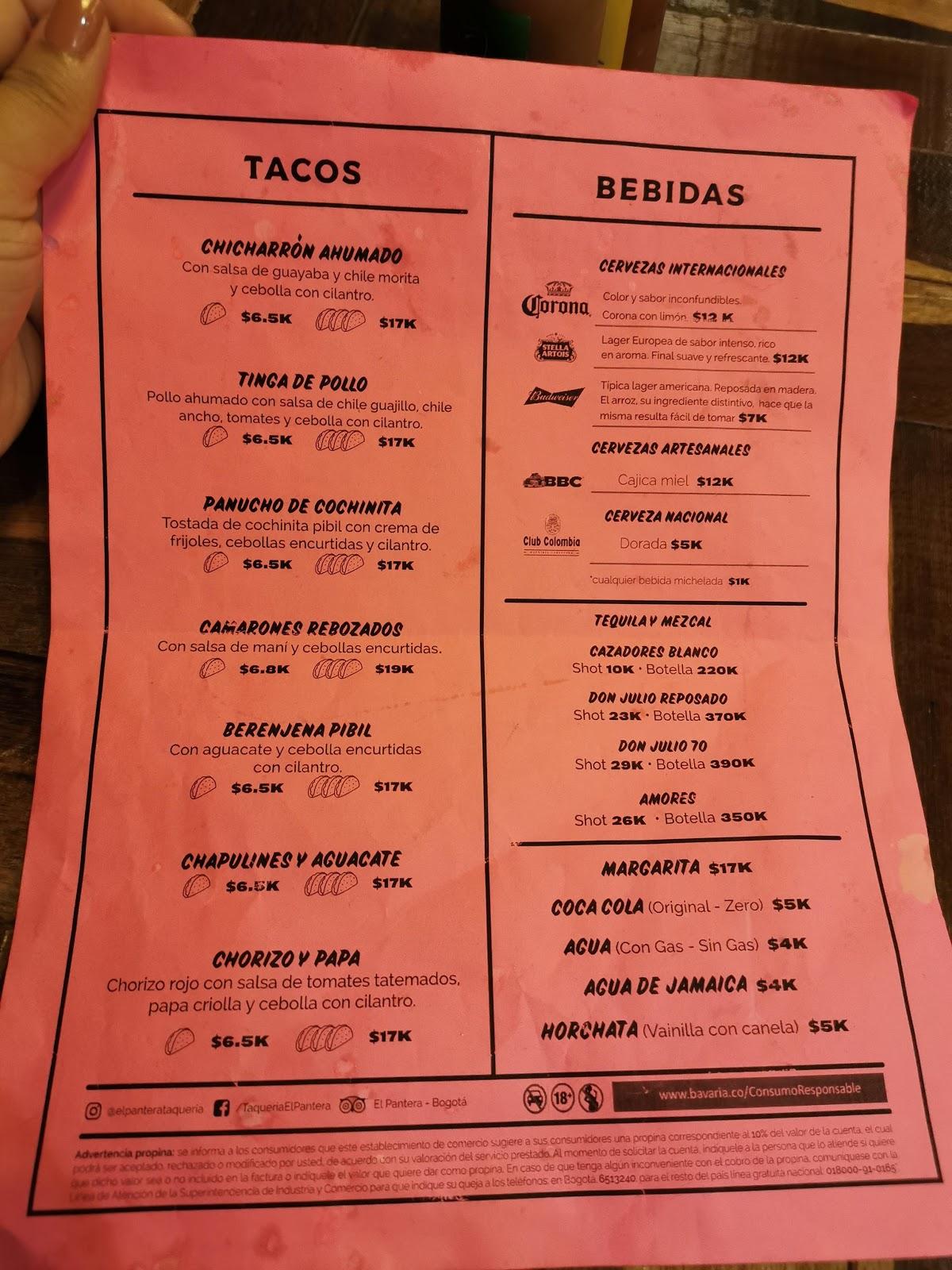 Carta del restaurante El Pantera Taquería Nogal, Bogotá