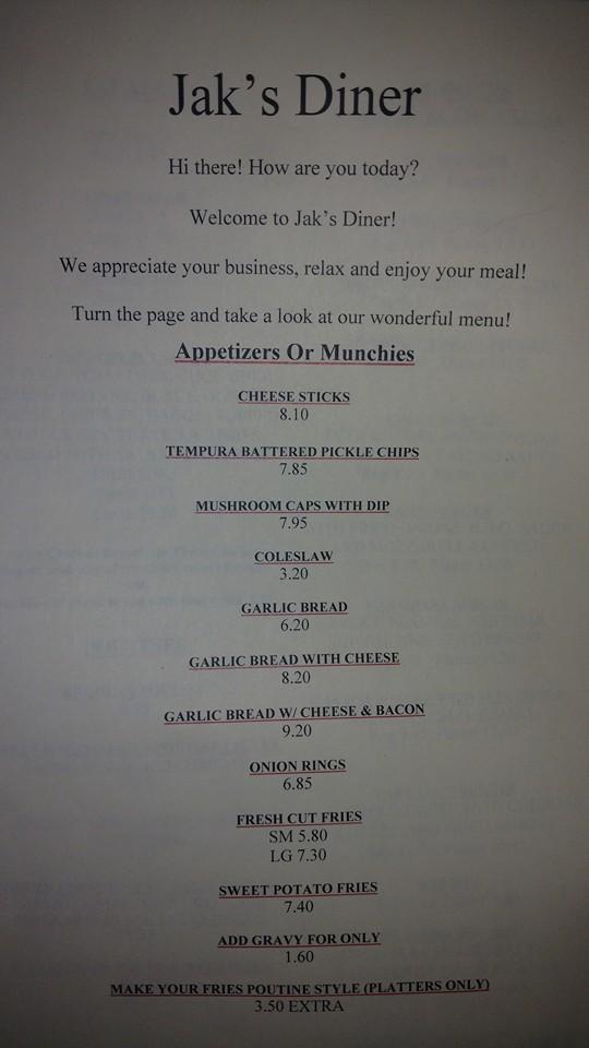 Menu at Jak's Diner restaurant, Sudbury
