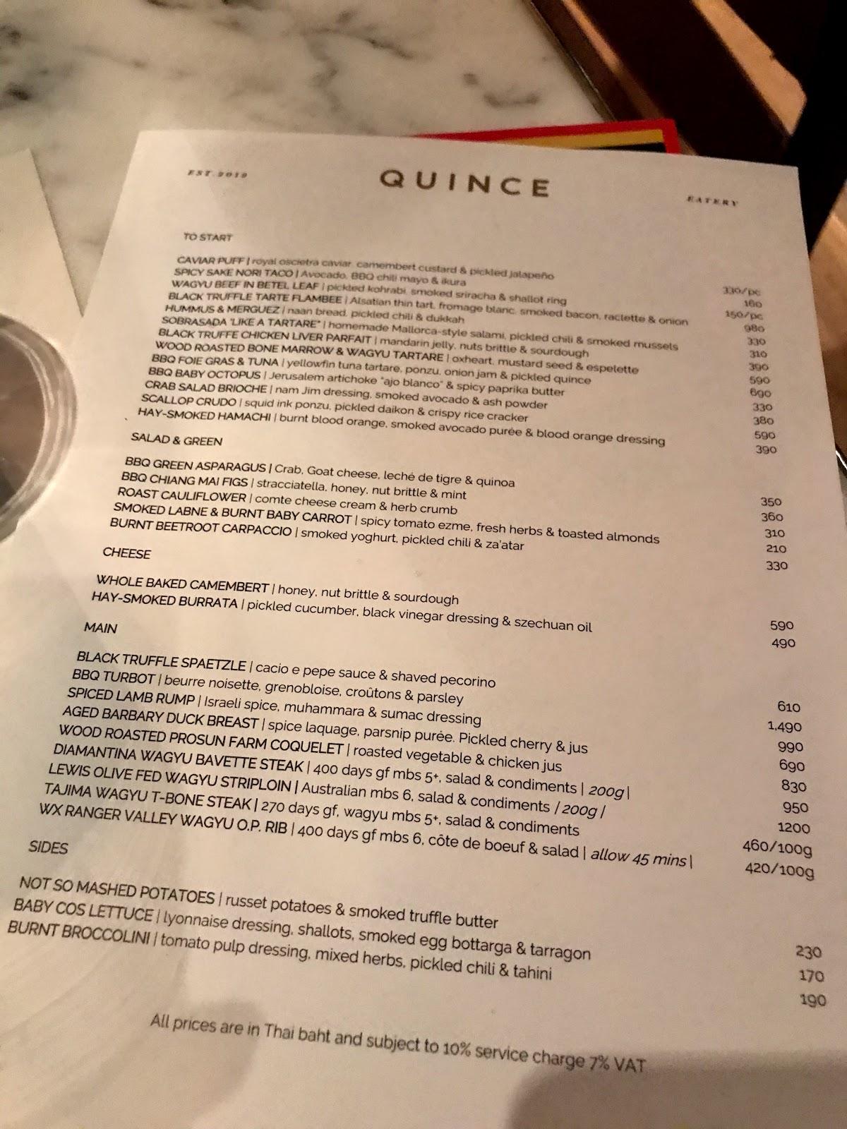 Menu at Quince restaurant, Bangkok, 14/2 Soi Somkid