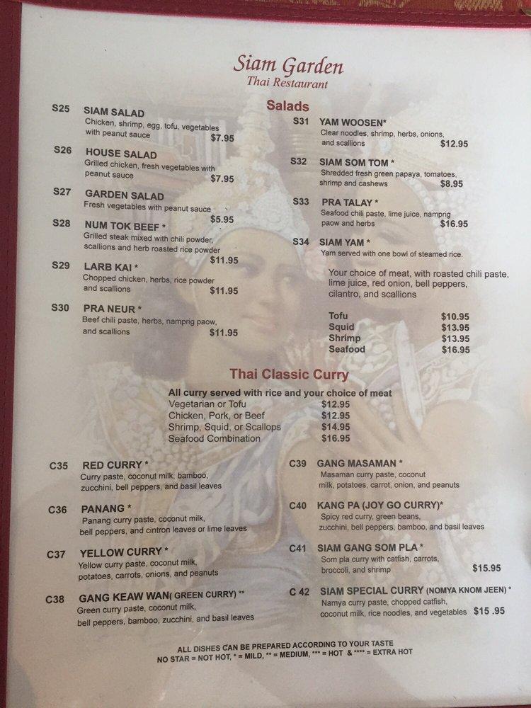 Carta del restaurante Siam Garden, Charlotte
