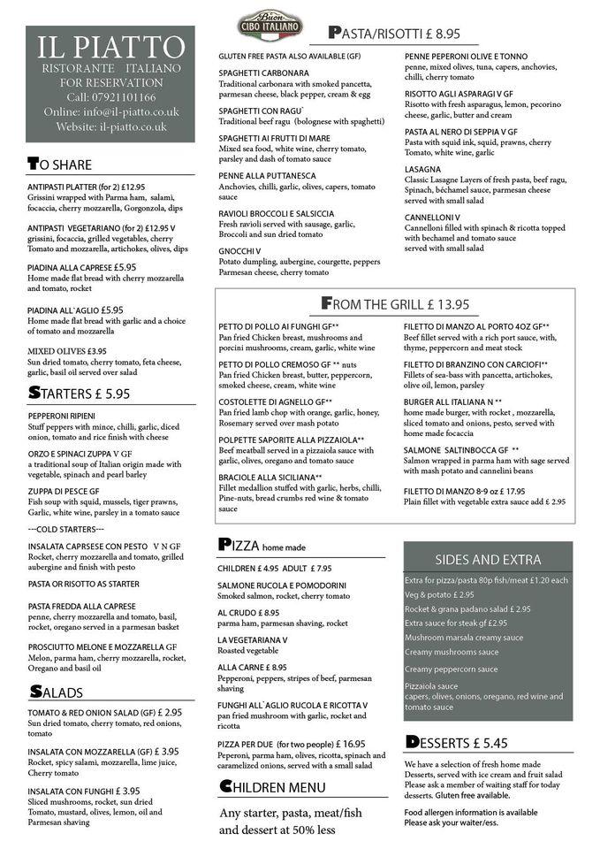Menu at il Piatto Italian restaurant, Scarborough
