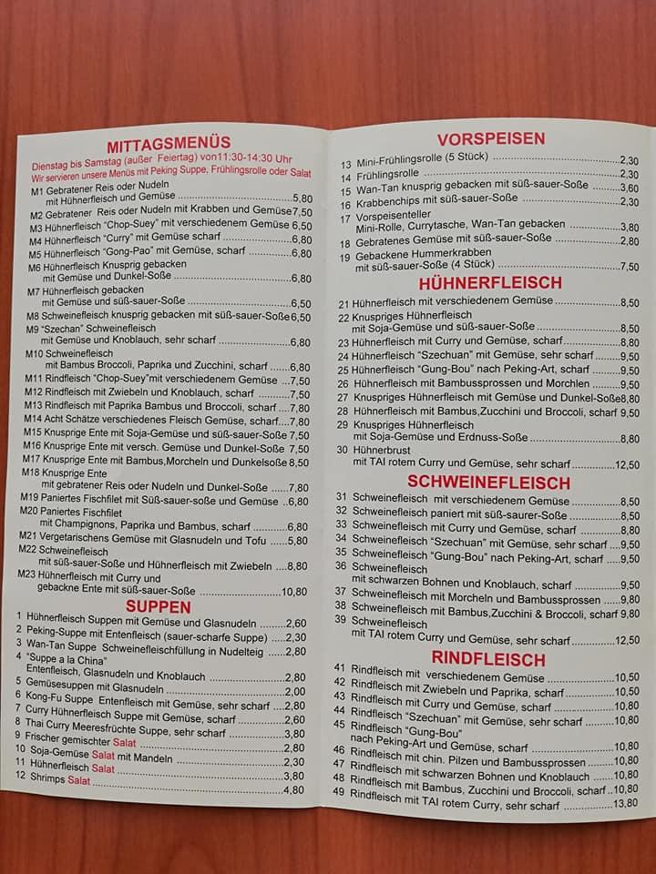 Menu au China Town restaurant, Grafenau