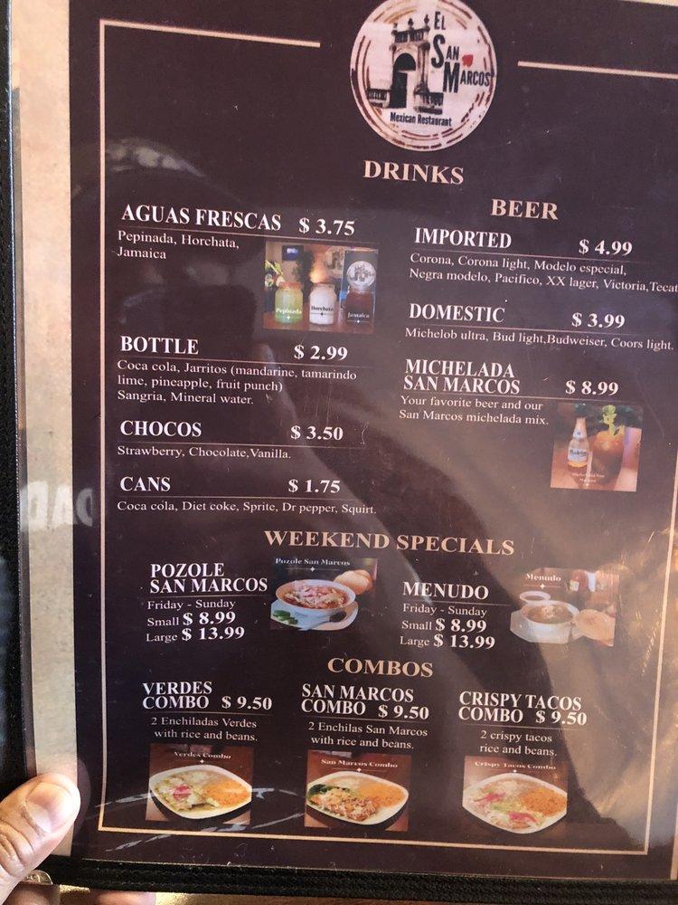 Menu at El San Marcos Mexican Restaurant, Visalia