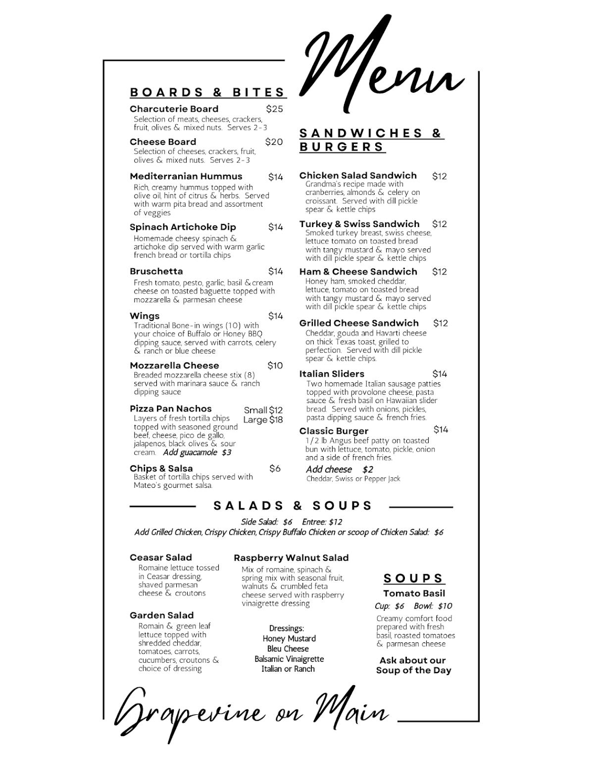 Menu at Grapevine On Main pub & bar, Chappell Hill