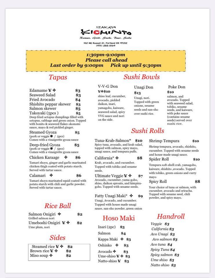 Menu at Izakaya Kichinto restaurant, Portland