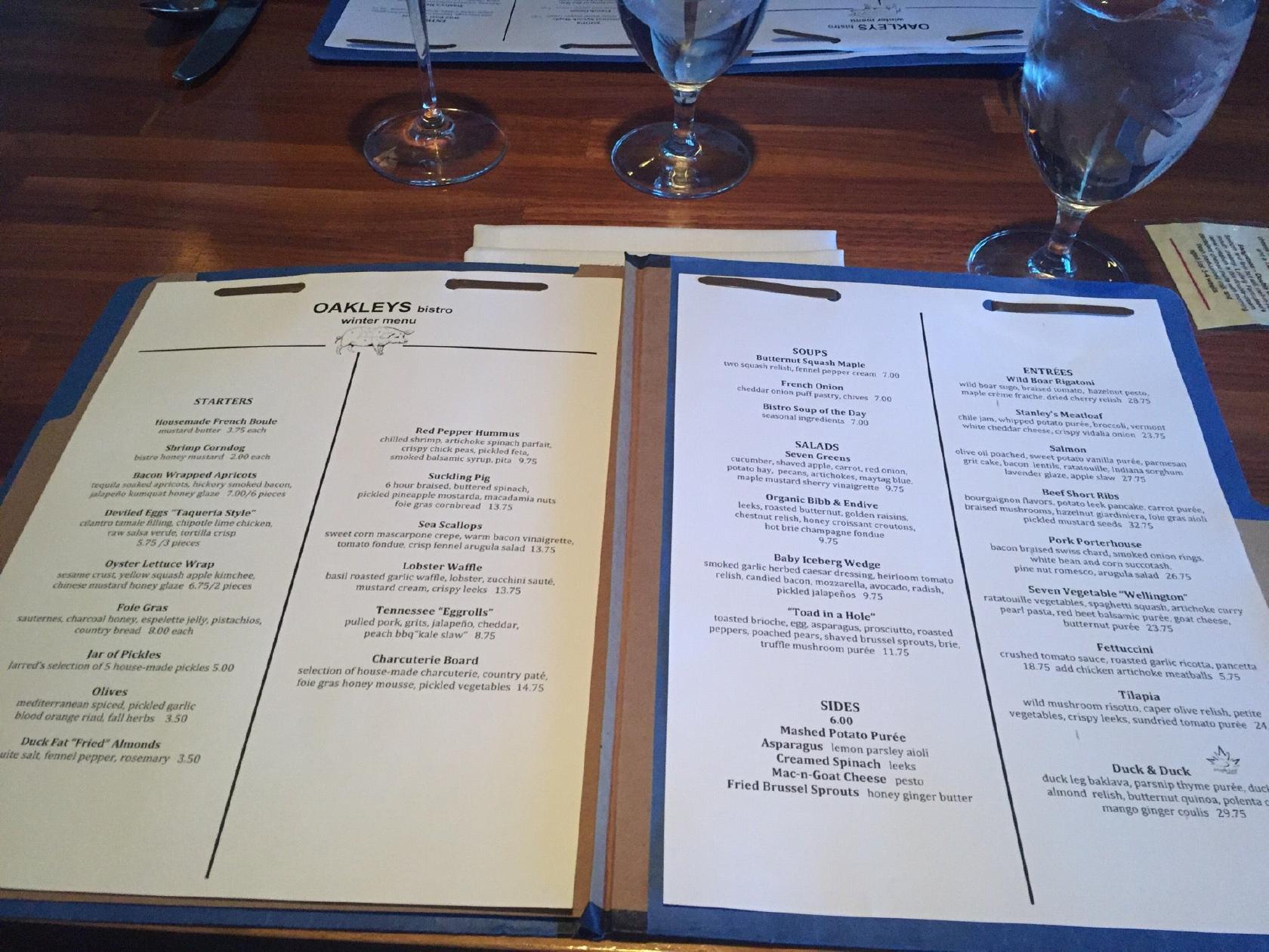 Menu at Oakleys Bistro pub & bar, Indianapolis