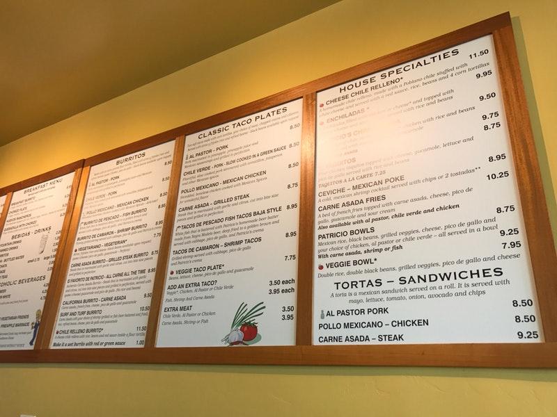 Menu at Patricio's Taqueria restaurant, Kailua-Kona, 73-4038 Hulikoa Dr