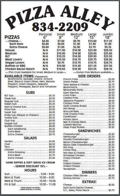 Menu at Pizza Alley pizzeria, Mechanicsburg