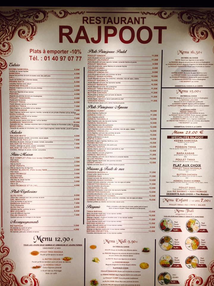 Menu au Rajpoot restaurant, Nanterre