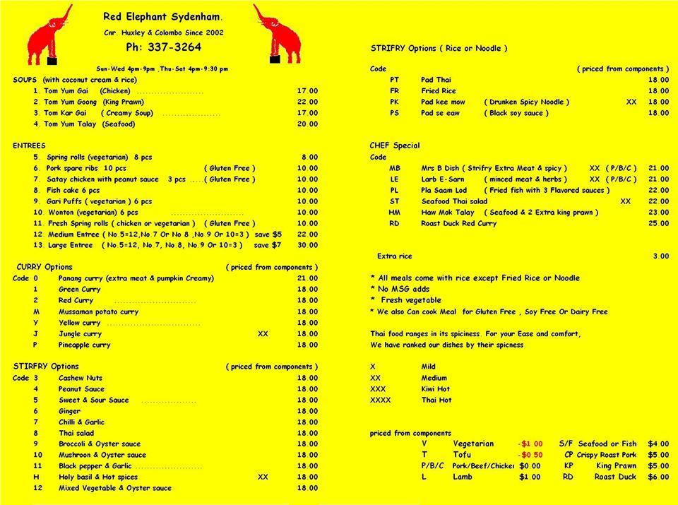 Menu at Red Elephant @Sydenham restaurant, Christchurch, A/6 Huxley St