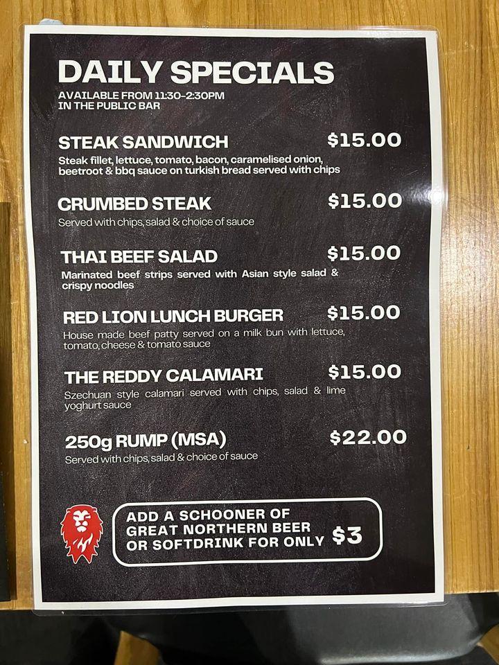 Menu at Red Lion Hotel pub & bar, Rockhampton City