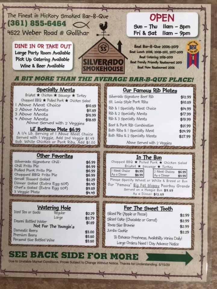 Menu at Silverado Smokehouse restaurant, Corpus Christi